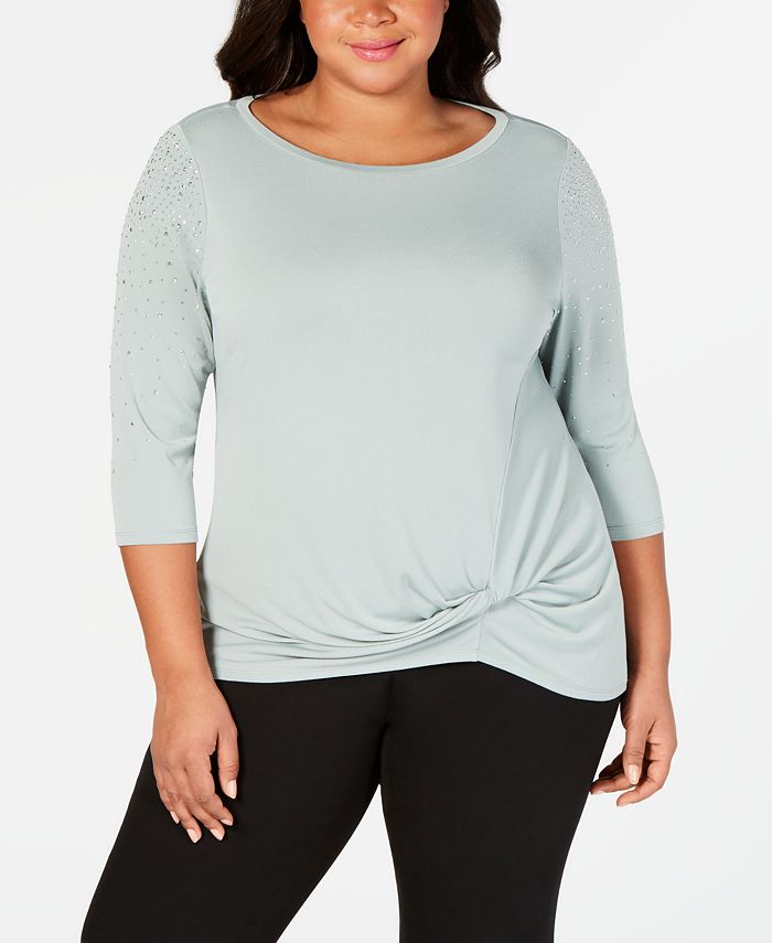 Belldini Plus Size Embellished-Sleeve Twist-Front Top - Macy's