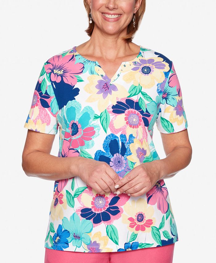 Alfred Dunner Classics Printed Rhinestone-Embellished Top - Macy's