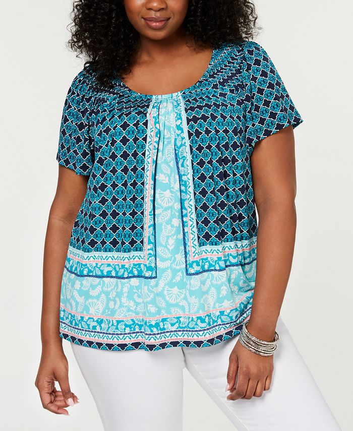 Style And Co Plus Size Printed Pleat Neck Top Created For Macys Macys