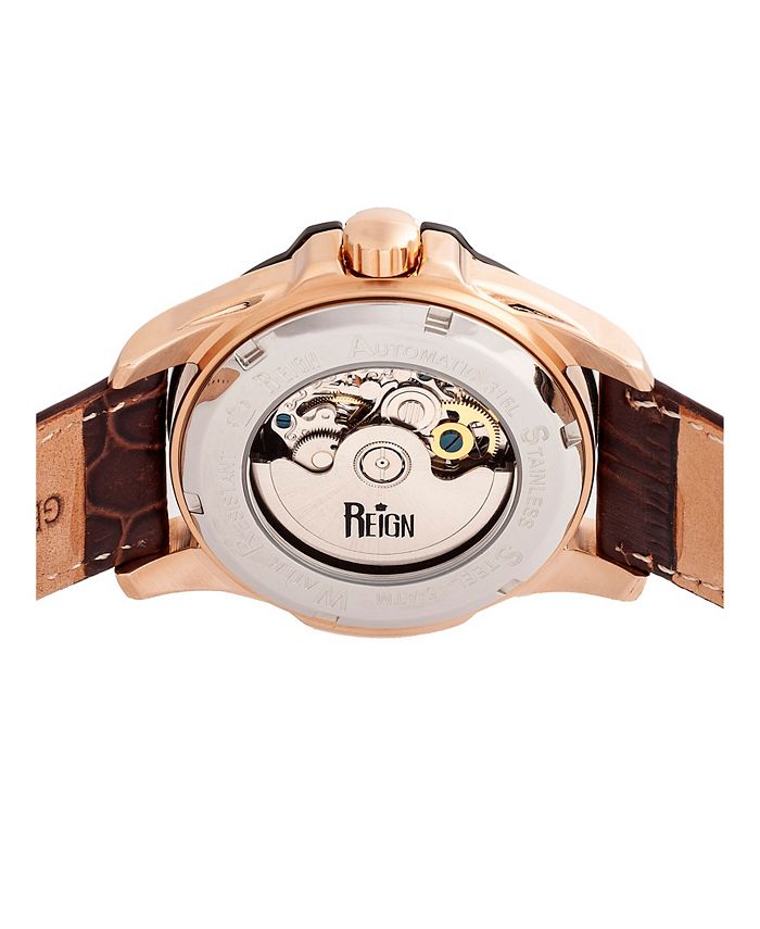 Reign Henley Automatic Semi-Skeleton Rose Gold Case, Genuine Brown ...