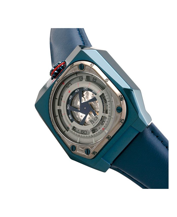 Reign Asher Automatic Genuine Blue Case, Blue Leather Watch 47mm - Macy's