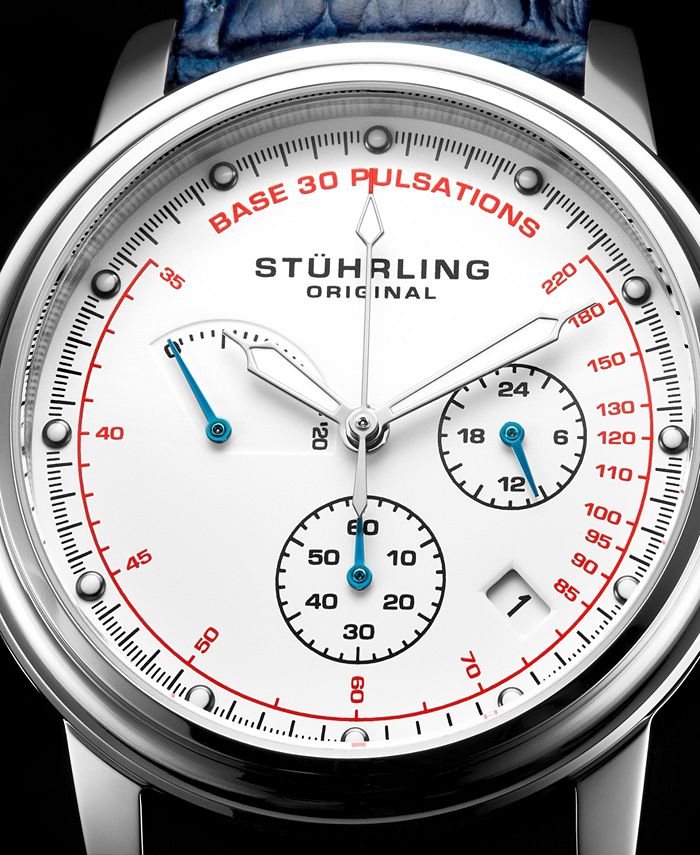 Stuhrling Men's Quartz Pulsometer Chronograph, White Dial, Blue Leather ...