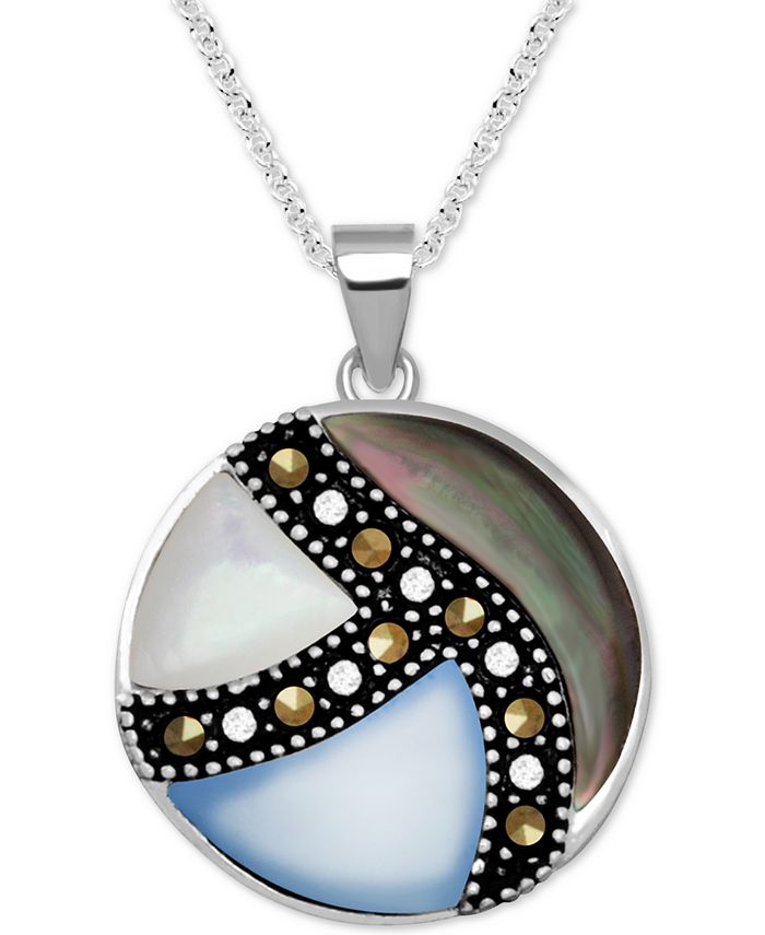 Macy's Marcasite & Shell Disc 18" Pendant Necklace in Silver-Plate - Macy's