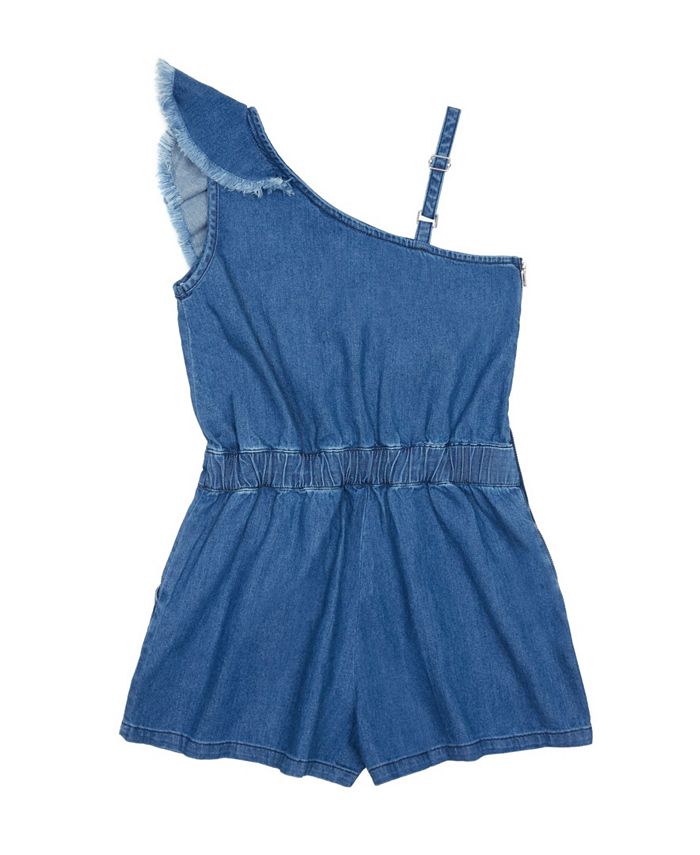 Bebe Girls Denim Romper With Asymmetrical Ruffle - Macy's