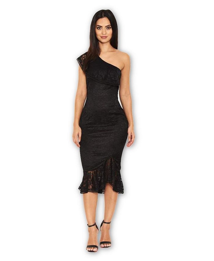 AX Paris Lace One Shoulder Frill Detail Midi Dress - Macy's