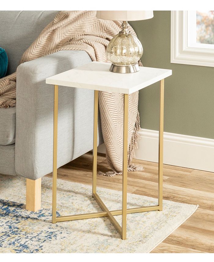 Walker Edison 16 inch Square Side Table with Faux Marble Top and Gold ...