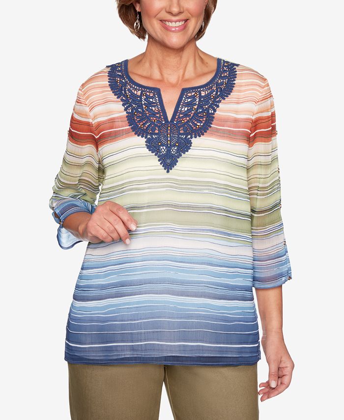 Alfred Dunner Lake Tahoe Striped Embroidered Top - Macy's