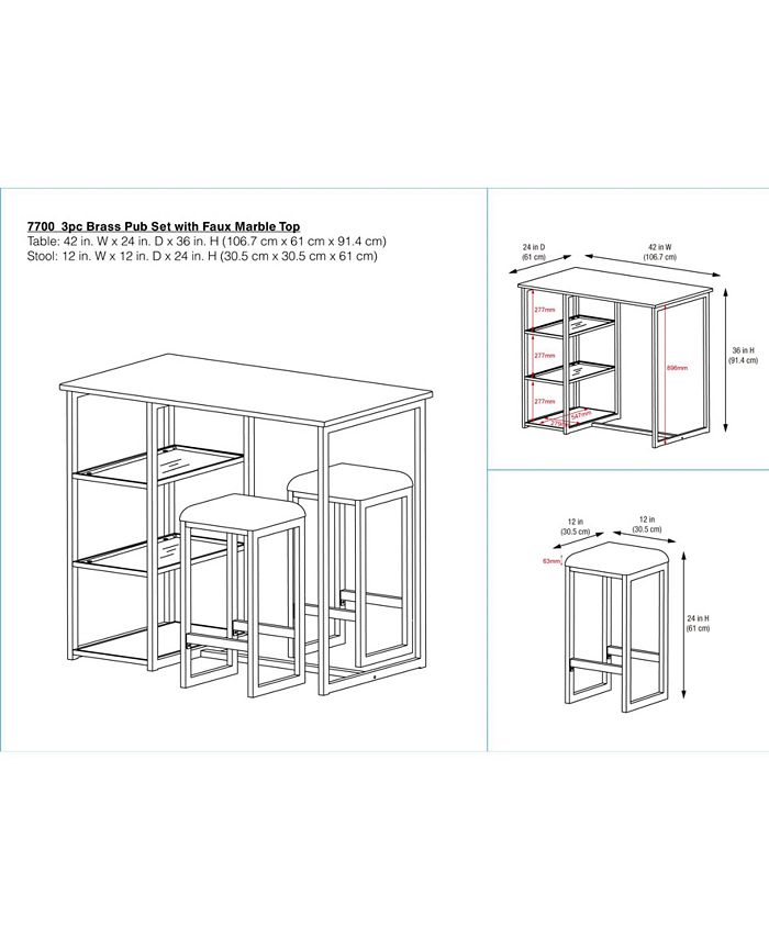 Dorel Living Maxim 3-Piece Brass Pub Set with Faux Marble Top - Macy's
