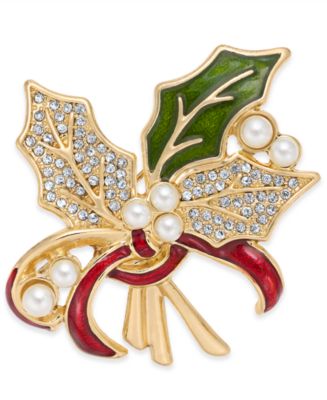 Holiday Lane Gold-Tone Pavé & Imitation Pearl Holly Pin, Created for ...