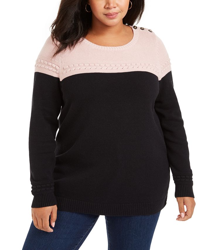 Charter Club Plus Size Colorblocked Button-Trim Sweater, Created for ...