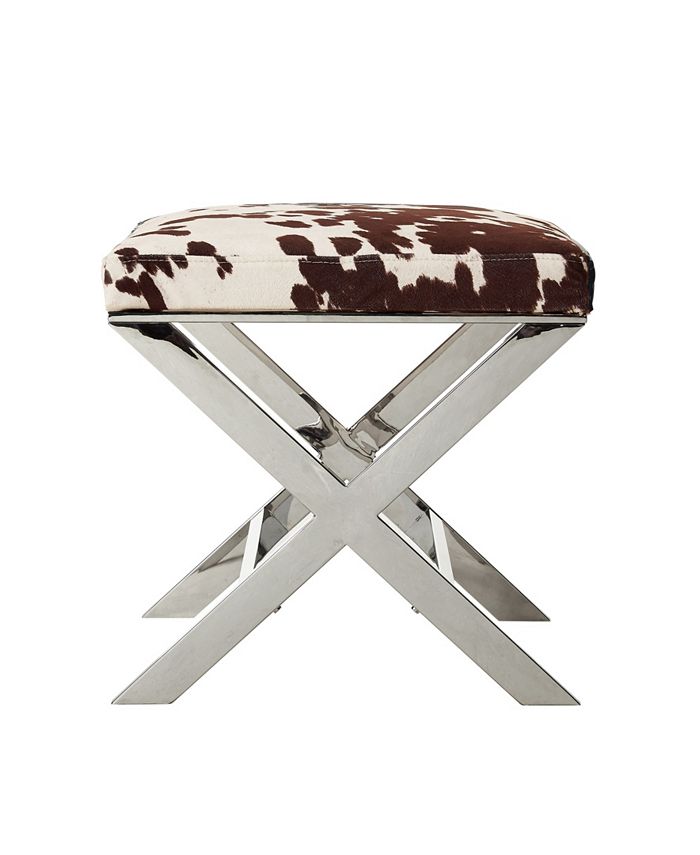 INSPIRED HOME Drake Velvet Faux Cowhide Ottoman with Metal X-Leg Frame ...
