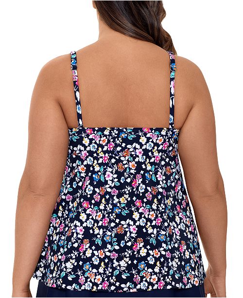 Swim Solutions Plus Size Vintage Daisy Printed Bow-Front Tankini Top ...