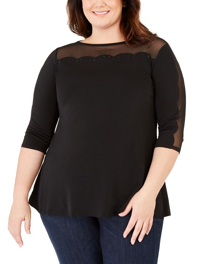 Belldini Plus Size Scalloped Mesh-Trim Tunic - Macy's