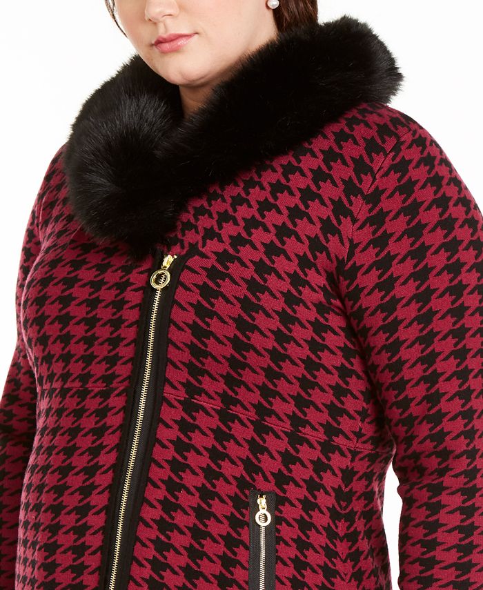 Belldini Black Label Women's Plus Size Houndstooth Faux Fur Collar ...
