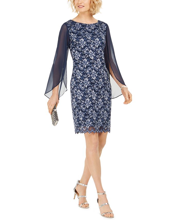 Connected Chiffon-Sleeve Tonal Lace Dress - Macy's