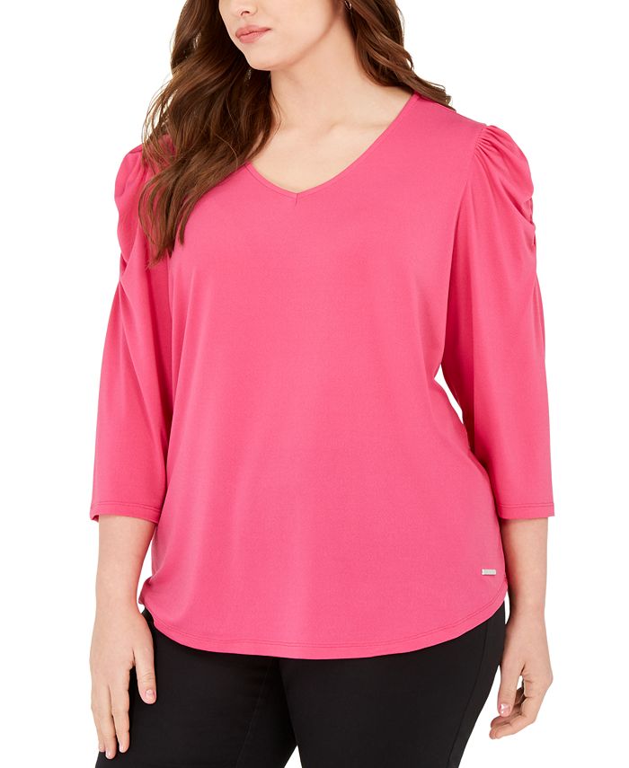 Adrienne Vittadini Plus Size Knit Crepe Puff-Sleeve Top & Reviews ...
