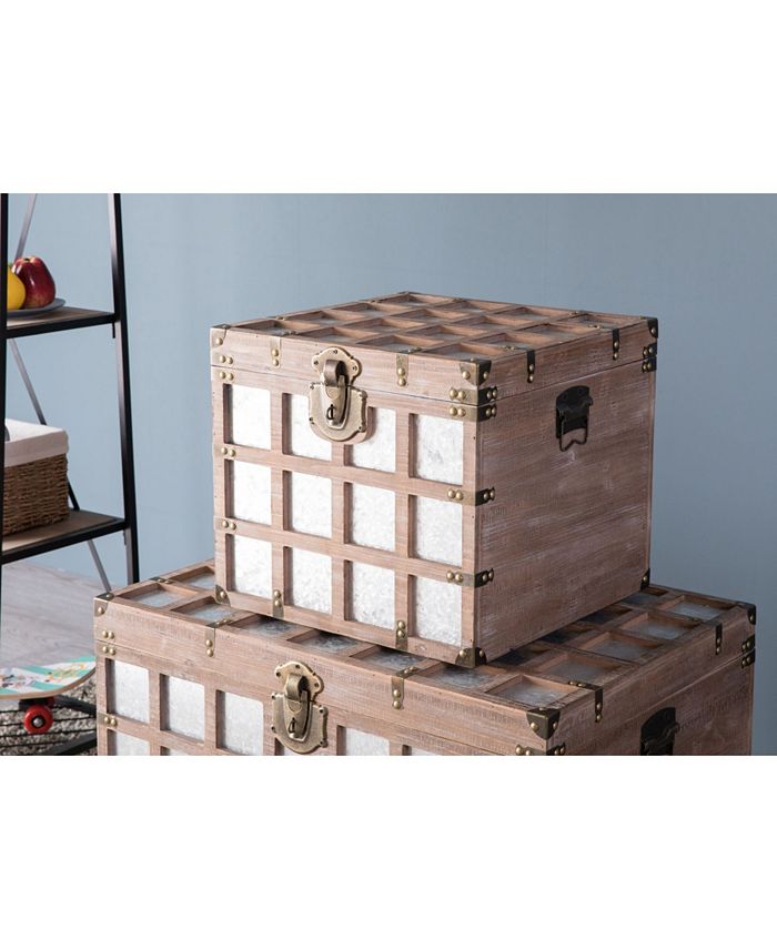 Vintiquewise Wooden Square Galvanized Metal Lined Storage Trunk, Set Of ...