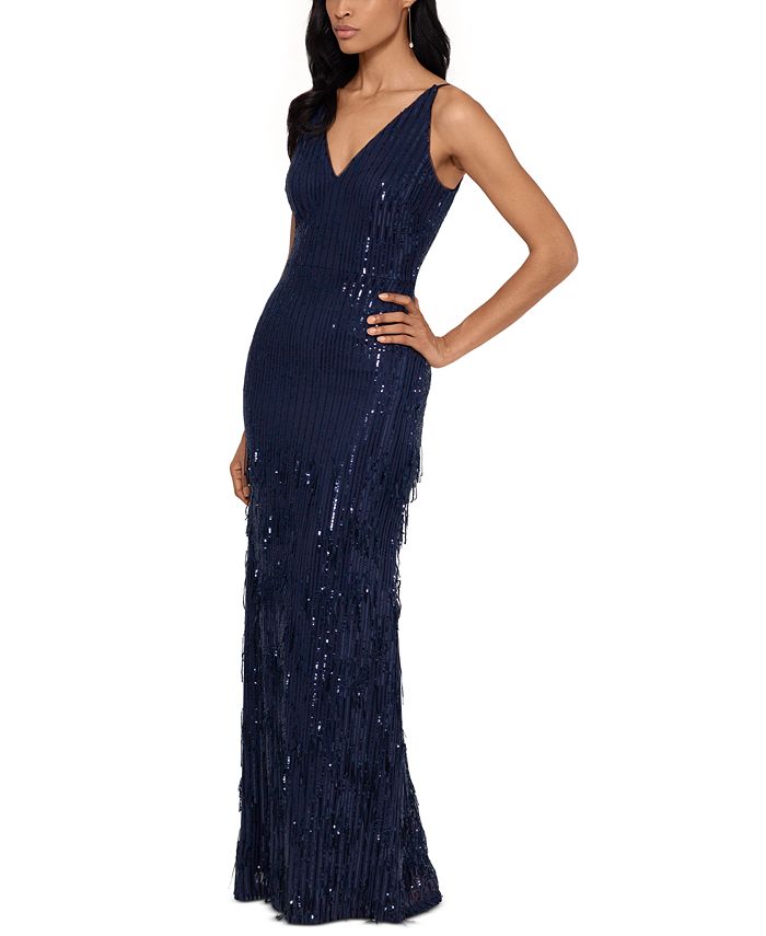 XSCAPE Sequin-Fringe Gown - Macy's