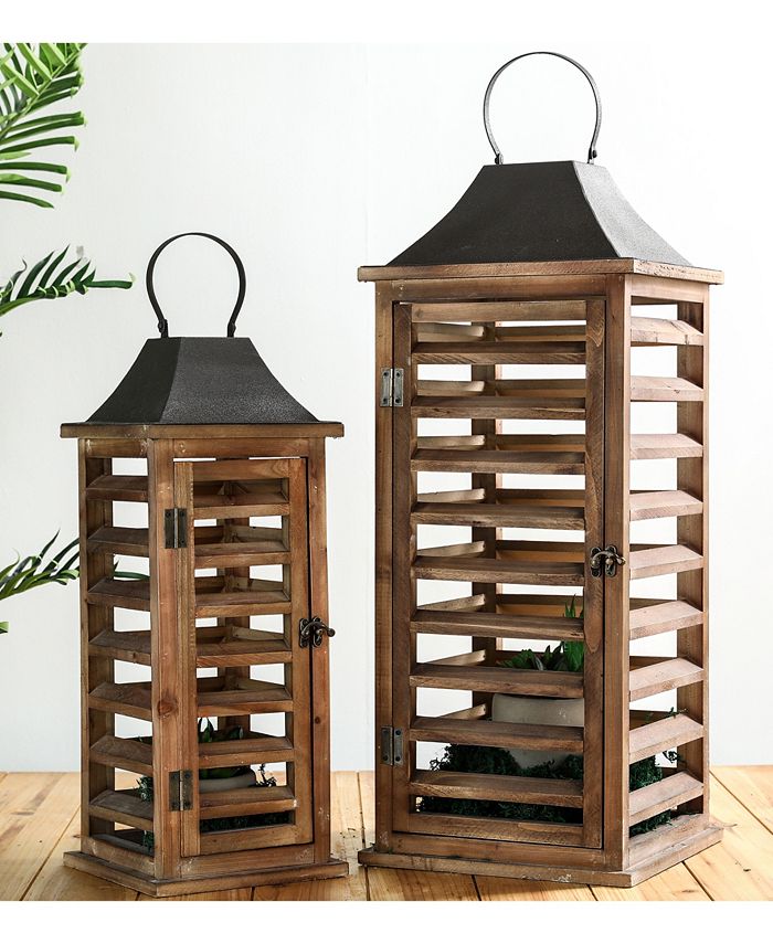 Glitzhome Set of 2 Farmhouse Natural Wooden Shutter Lanterns - Macy's