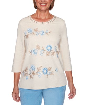 Alfred Dunner Petite Dover Cliffs Floral Scroll Biadere Embroidered Top - Macy's