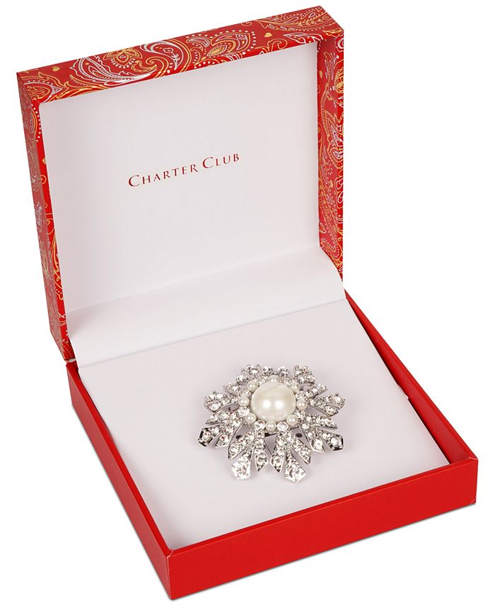 Charter Club Silver-Tone Crystal & Imitation Pearl Snowflake Pin ...