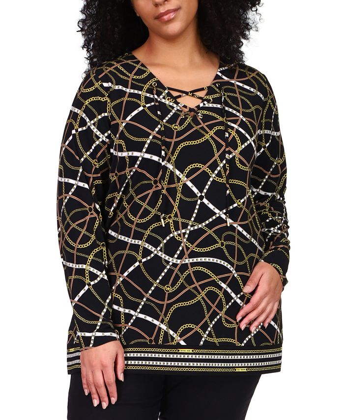 Michael Kors Plus Size Chain-Print Lace-Up Top - Macy's
