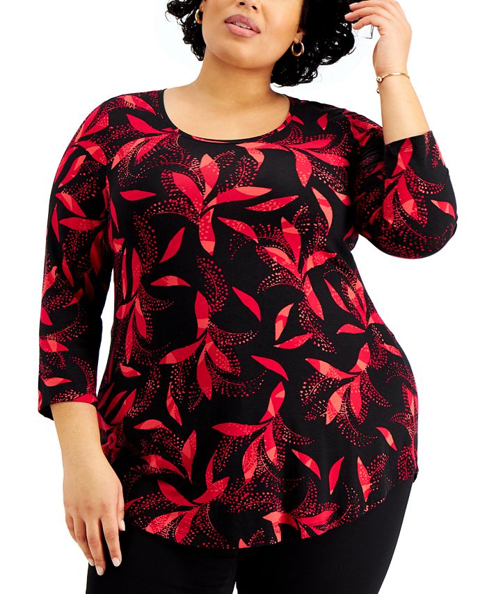 JM Collection Plus Size Printed 3/4-Sleeve Top, Created for Macy's - Macy's