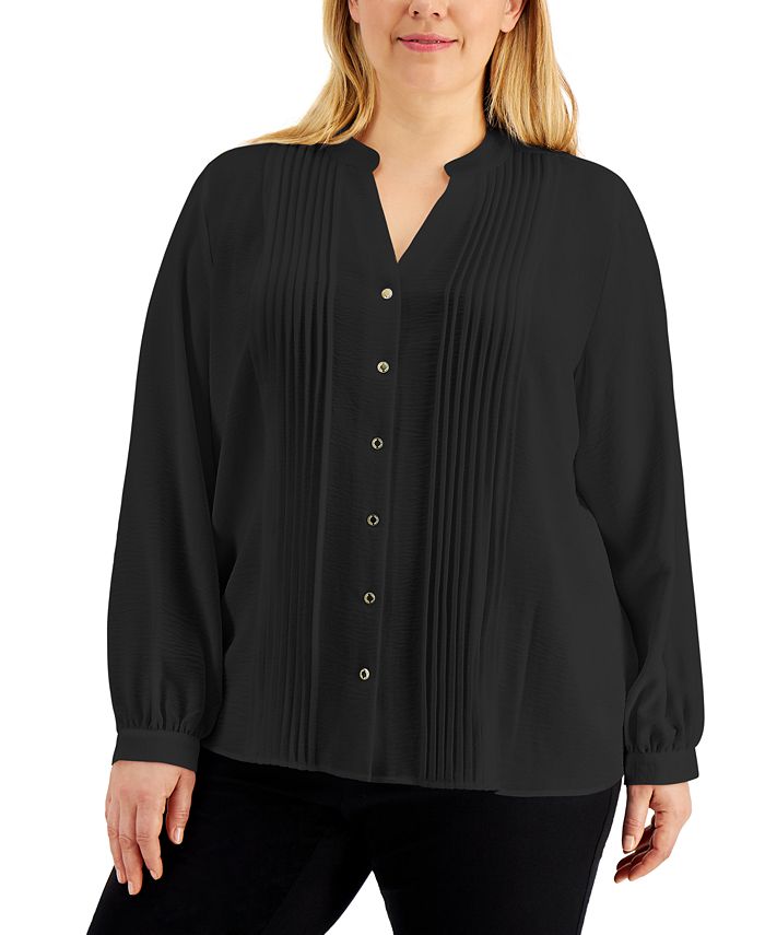 Calvin Klein Plus Size Pleated Button Front Top - Macy's