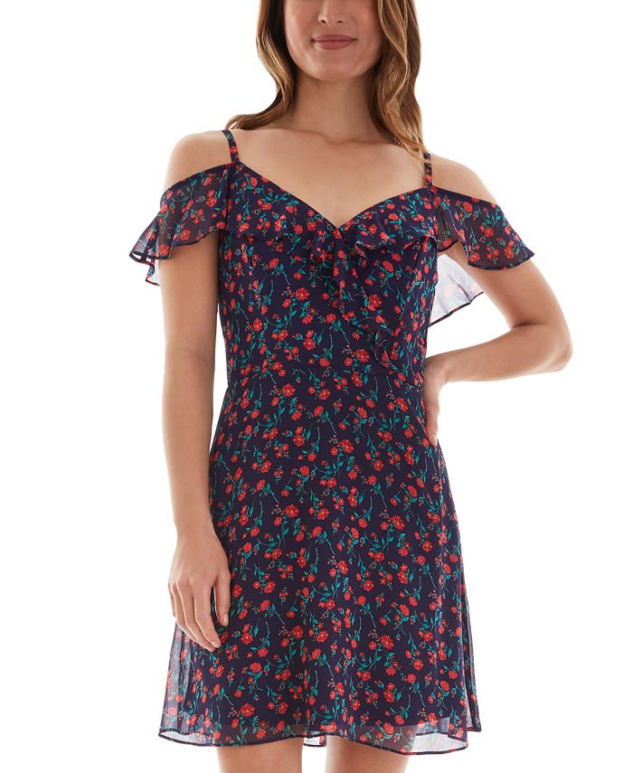 BCX Juniors' Floral-Print Cold-Shoulder Ruffled Dress - Macy's