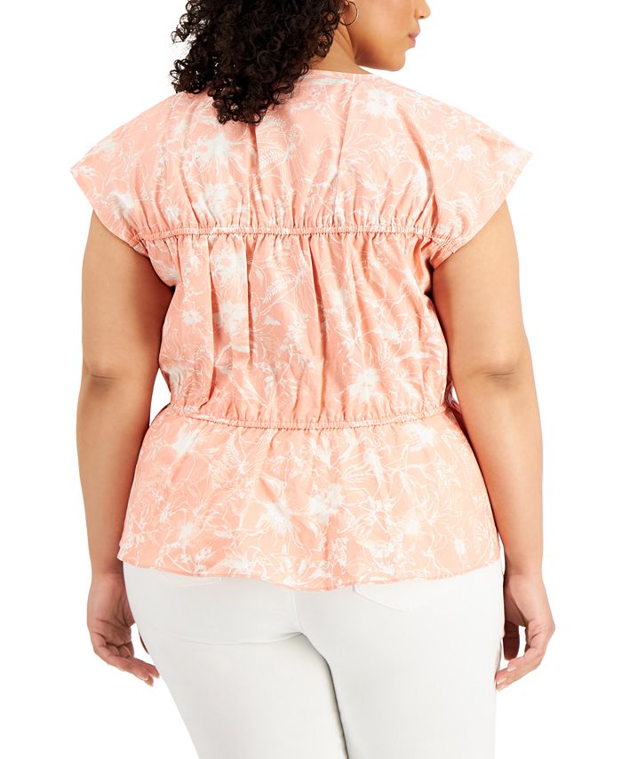 INC International Concepts Plus Size Cotton Printed Ruched-Seam V-Neck ...