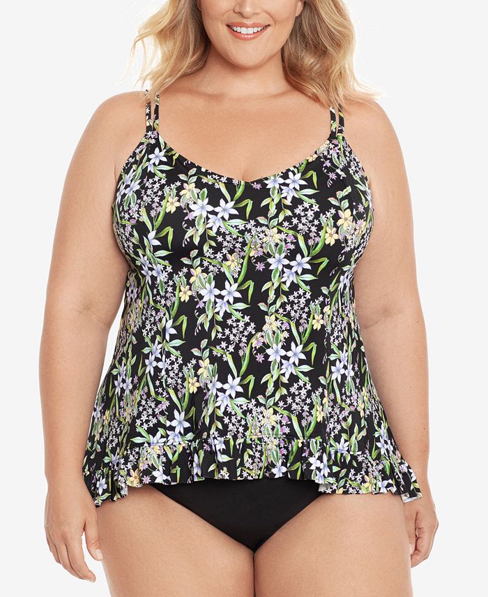 Swim Solutions Plus Size Prairie Dance Ruffle Tankini Top And Mid Rise