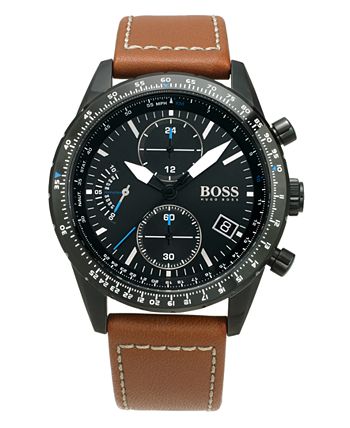 BOSS Men's Chronograph Pilot Brown Leather Strap Watch 44mm & Reviews ...