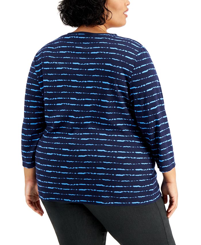 Karen Scott Plus Size Steph Striped Henley Top, Created for Macy's - Macy's