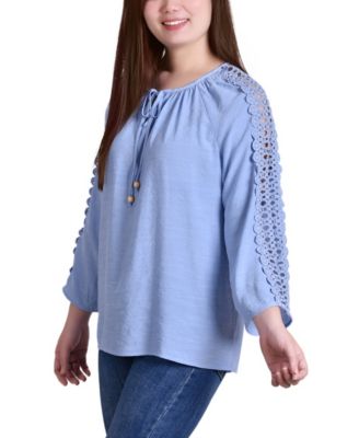NY Collection Petite 3/4 Sleeve Tunic with Crochet and Tie Neck - Macy's