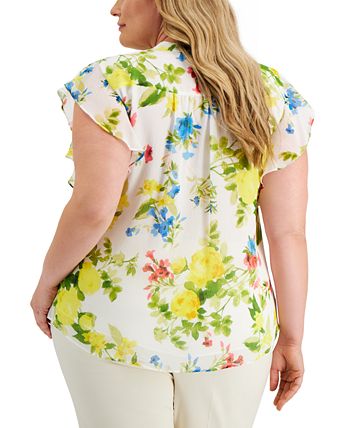 Calvin Klein Plus Size Floral-Print Ruffled-Sleeve Top - Macy's