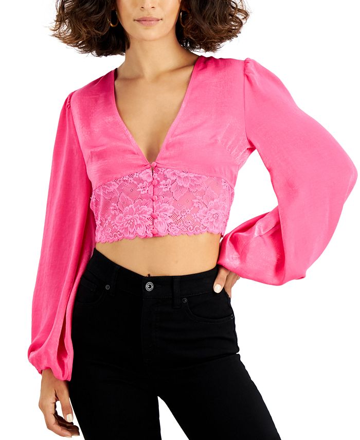 Bar III Lace-Hem Cropped Blouse, Created for Macy's - Macy's