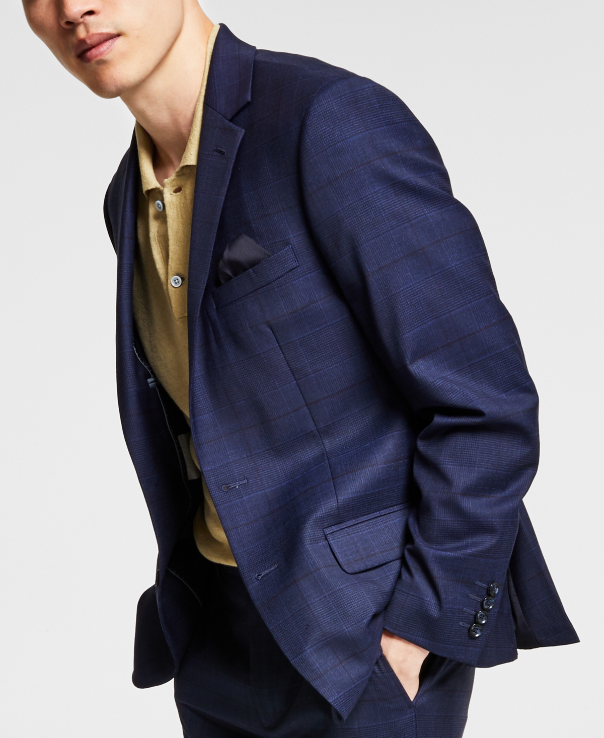 Bar Iii Mens Skinny Fit Wrinkle-Resistant Wool-Blend Suit Separate Jacket  Created for Macys - Close Out! - Navy Plaid