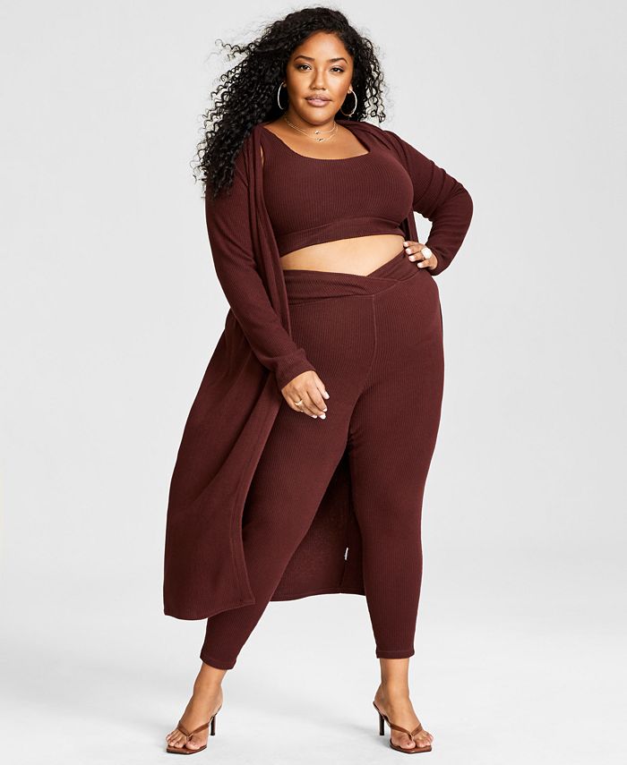 Nina Parker Plus Size Hacci Ribbed Duster, Bralette, and Leggings - Macy's