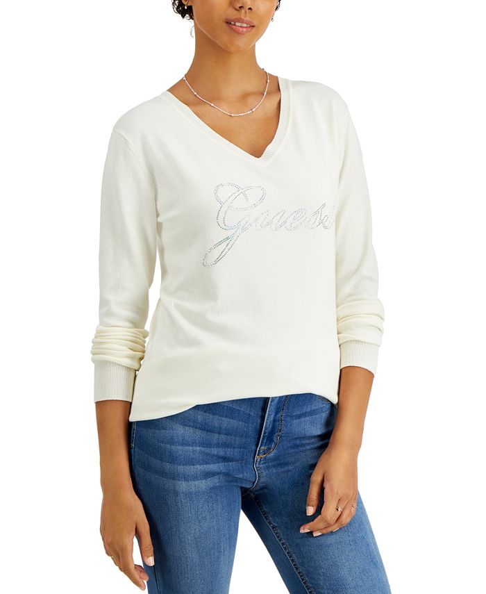 GUESS Doriane Rhinestone-Logo Sweater - Macy's
