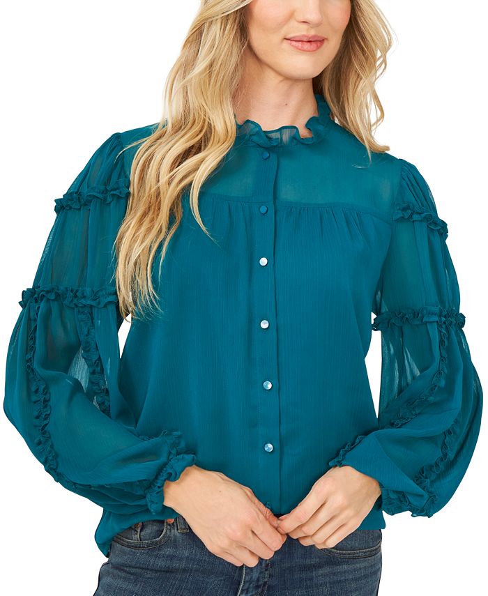CeCe Women's Solid Ruffled-Sleeve Button-Down Blouse - Macy's