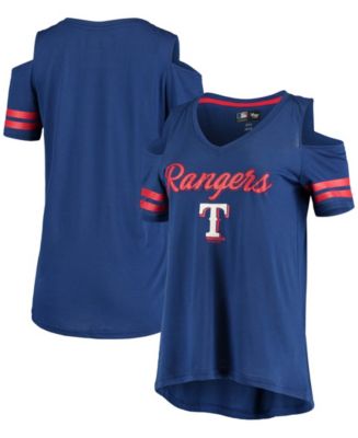 Women's Royal Texas Rangers Extra Inning Cold Shoulder V-Neck T-shirt ...