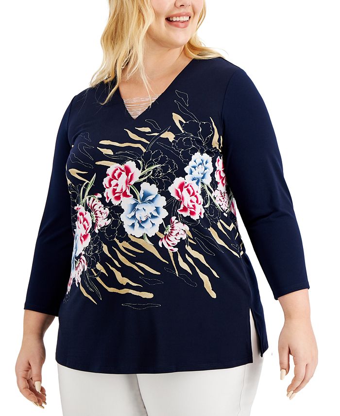 JM Collection Plus Size Floral-Print Embellished Neckline Top, Created ...