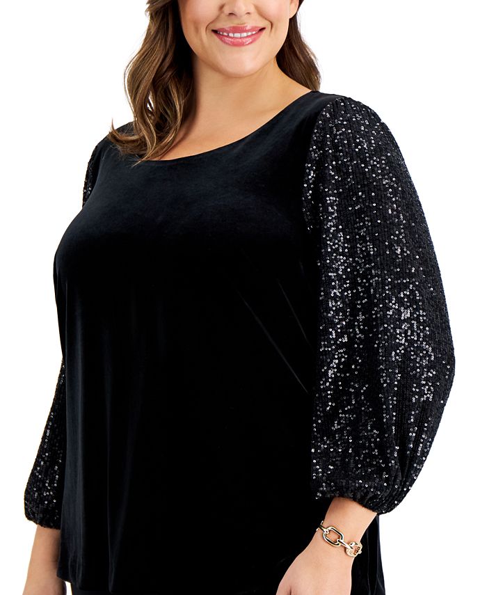 Alex Evenings Plus Size Sequined-Sleeve Top - Macy's