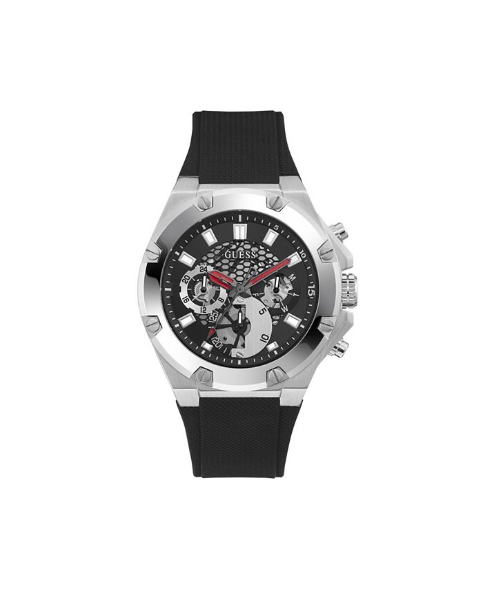 GUESS Men's Black Silicone Strap Multi-Function Watch 46mm - Macy's