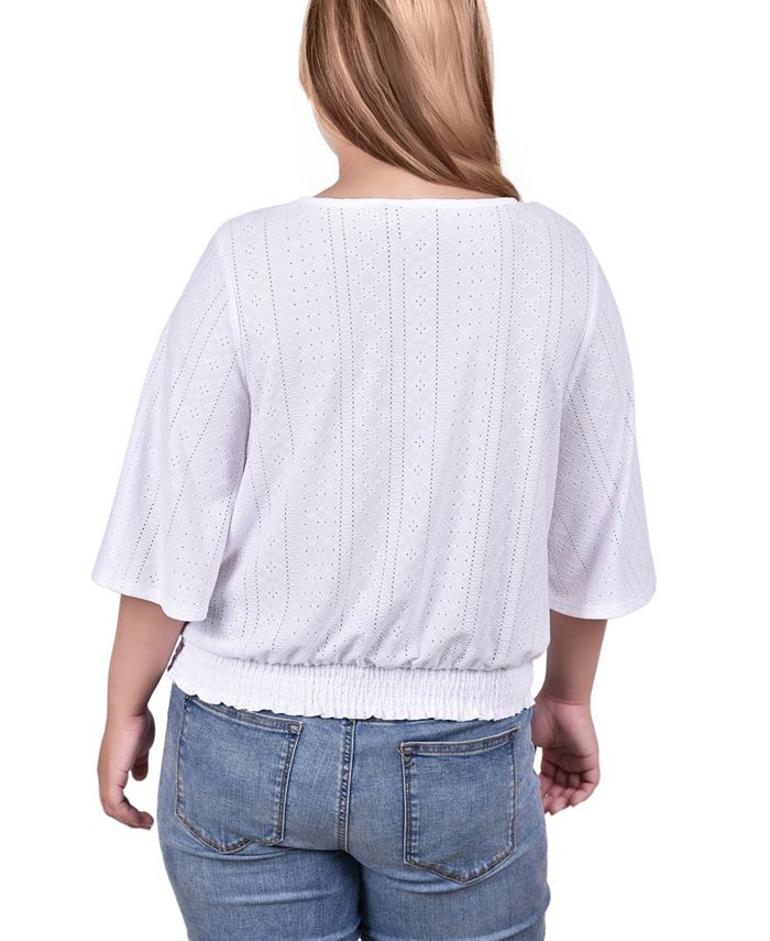 NY Collection Plus Size Smocked Hem Knit Eyelet Top & Reviews - Tops ...