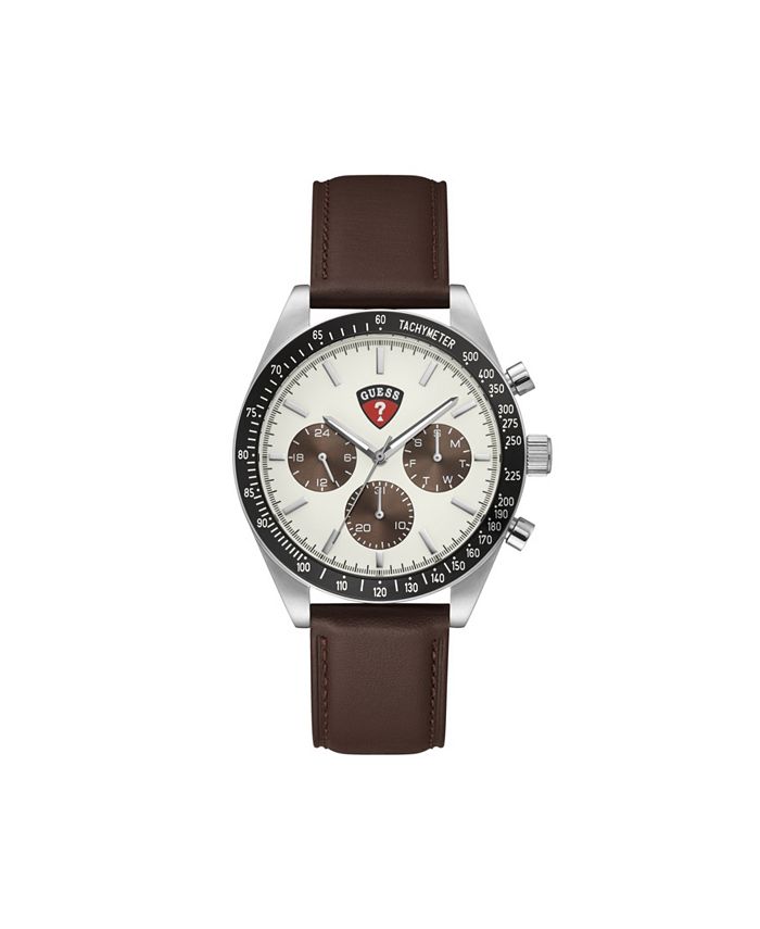 GUESS Men's Brown Genuine Leather Strap Multi-Function Watch, 42mm - Macy's