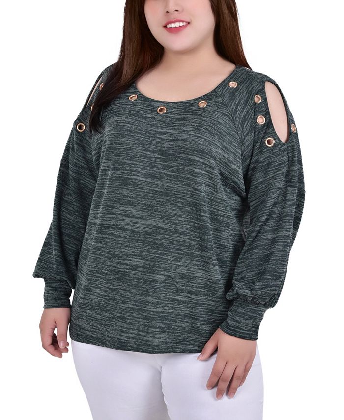 NY Collection Plus Size Long Sleeve Shoulder Cutout Tunic with Grommets ...