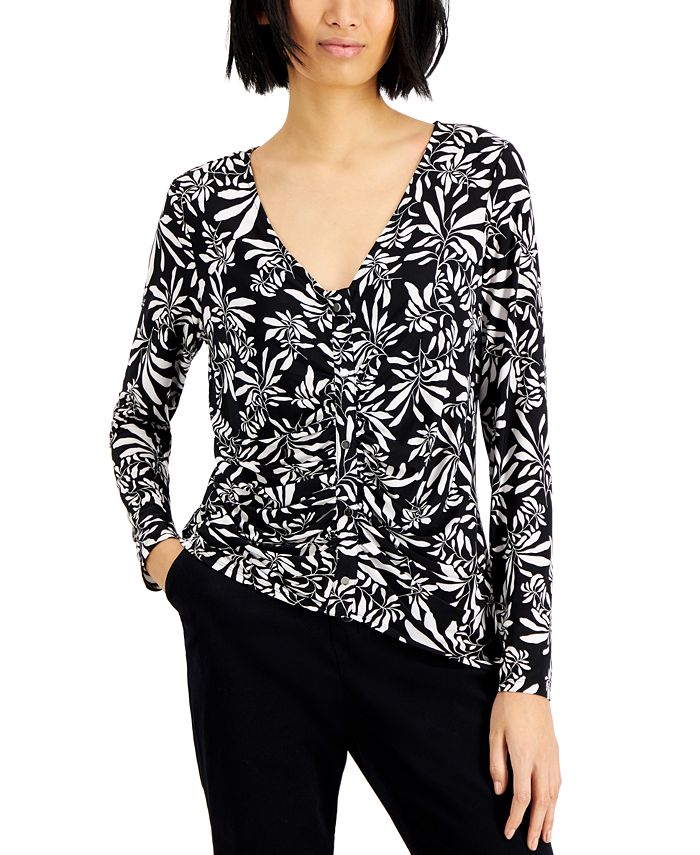 INC International Concepts Petite Printed Ruched-Front Top, Created for ...