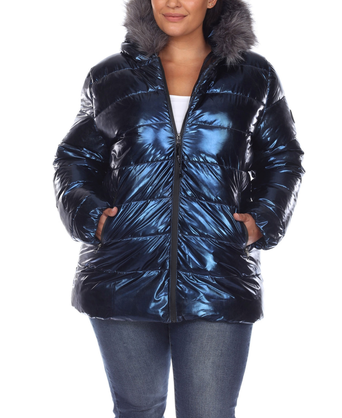 Click here for Plus Size Metallic Puffer Coat with Hoodie - Navy prices