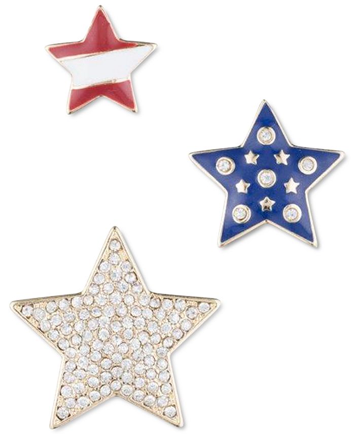 Anne Klein Gold-Tone 3-Pc. Set Pavé Red, White & Blue Star Pins - Macy's